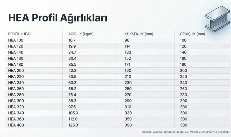 HEA Profil Ölçüleri ve Ağırlık Tablosu (HEA 100 - HEA 600)